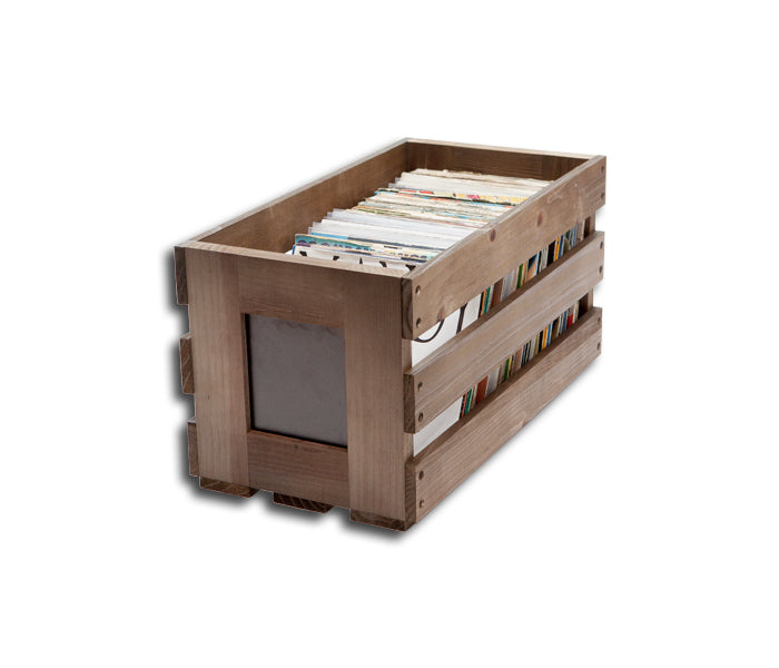 WOODEN BASKET WITH BLACKBOARD FOR RECORD 45 RPM 7 INCH VINYL (WALNUT C ...